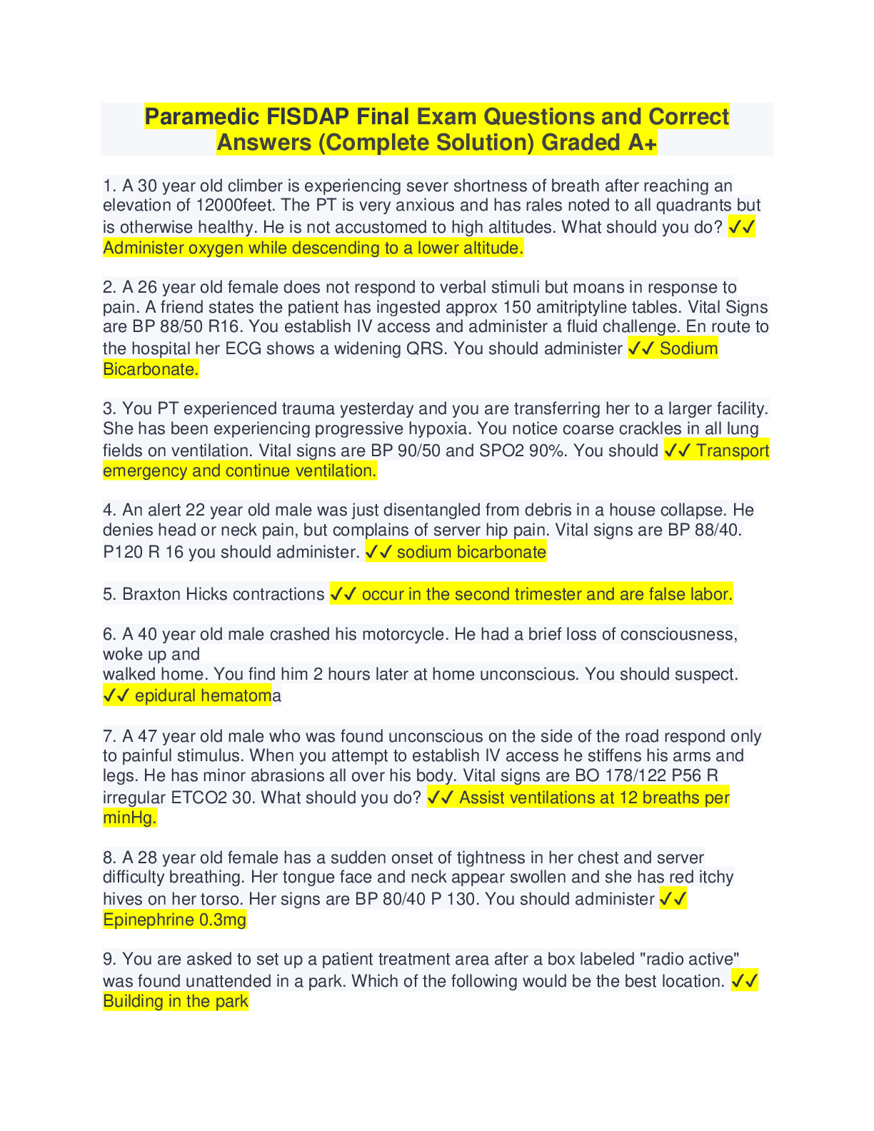 Paramedic FISDAP Final Exam Questions and Correct Answers (Complete Solution) Graded A+ ...